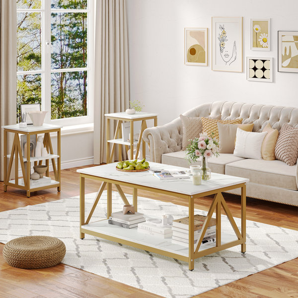 Mercer41 Living Room Coffee Table Set of 3, Industrial Triangular-Design Coffee Table and 2 End ...